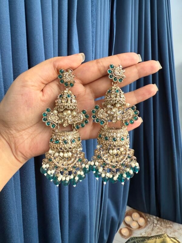Sheena Long Kundan Earrings - Teal Green - Jewel Hub Studio
